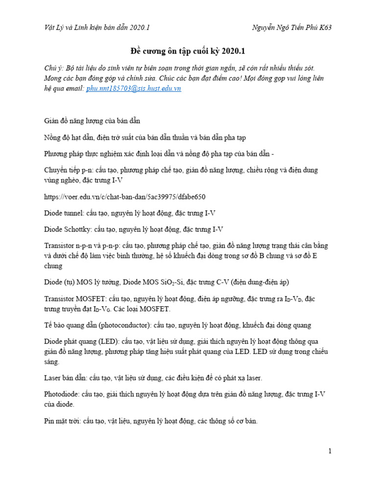 ÔN TẬP CUỐI KỲ VLBD Tienphu | PDF