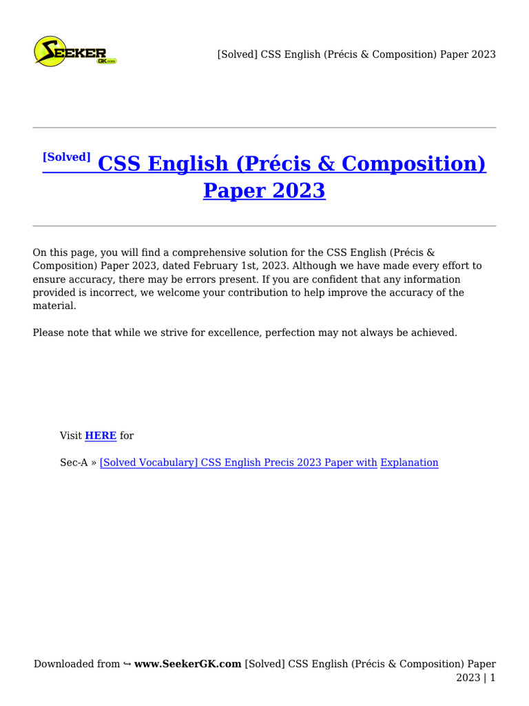 (Solved) CSS 2023 English Precis Composition Paper | PDF