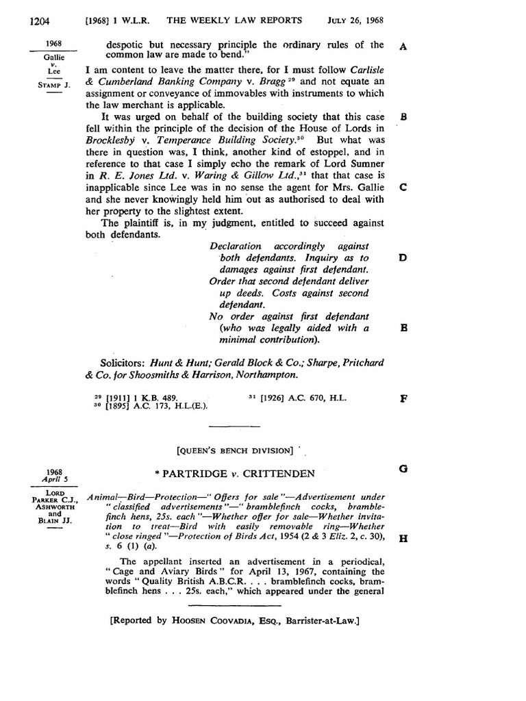 PARTRIDGE v. CRITTENDEN - (1968) 1 WLR 1204 | PDF