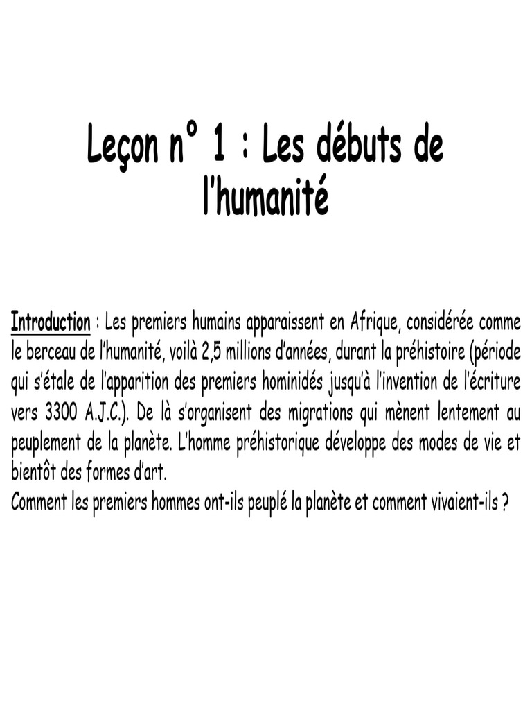 Lecon N 1 Les Debuts De L Humanite 3 Pdf évolution Humaine Homo