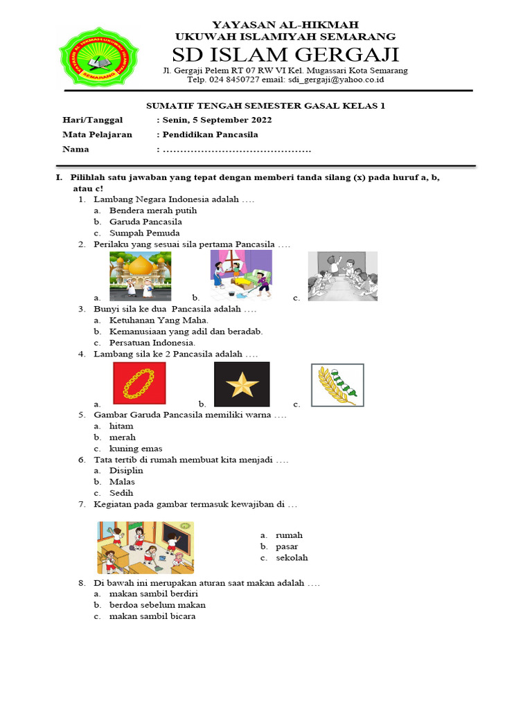 Soal-Soal STS Kelas 1 SMT 1 2022 | PDF