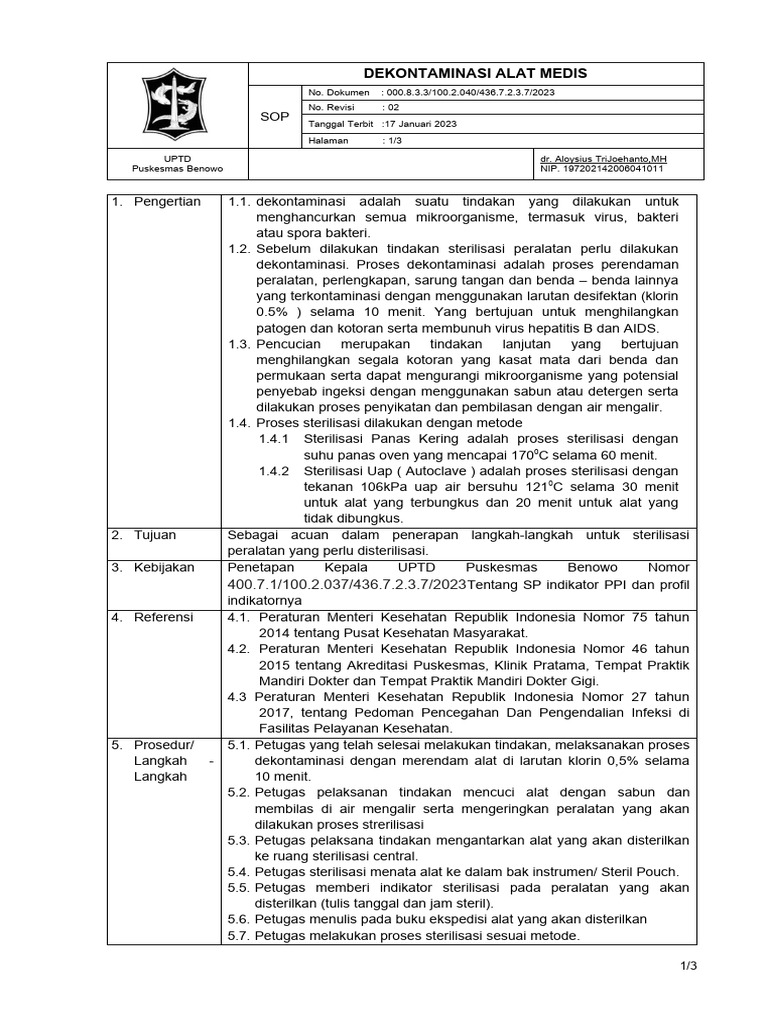 SOP Dekontaminasi ALAT MEDIS | PDF