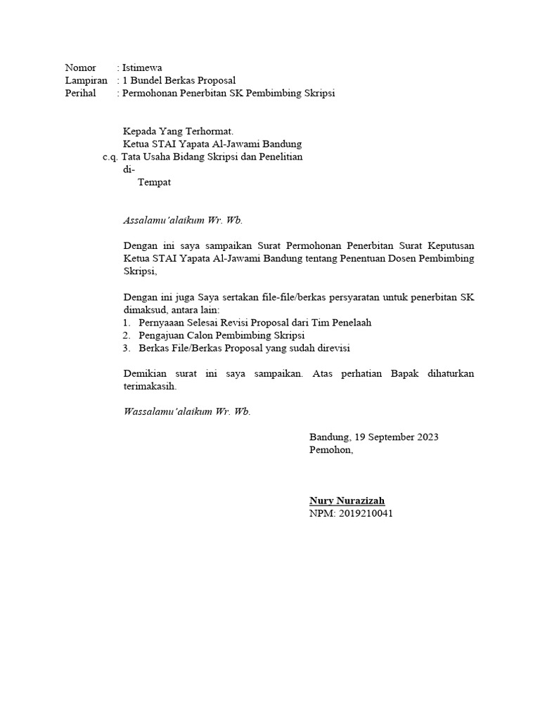 Surat Permohonan Penerbitan SK Pembimbing Skripsi | PDF