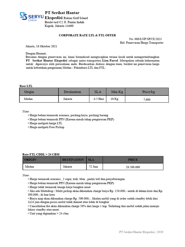Quotation Rate LTL Dan FTL Medan - Jakarta | PDF