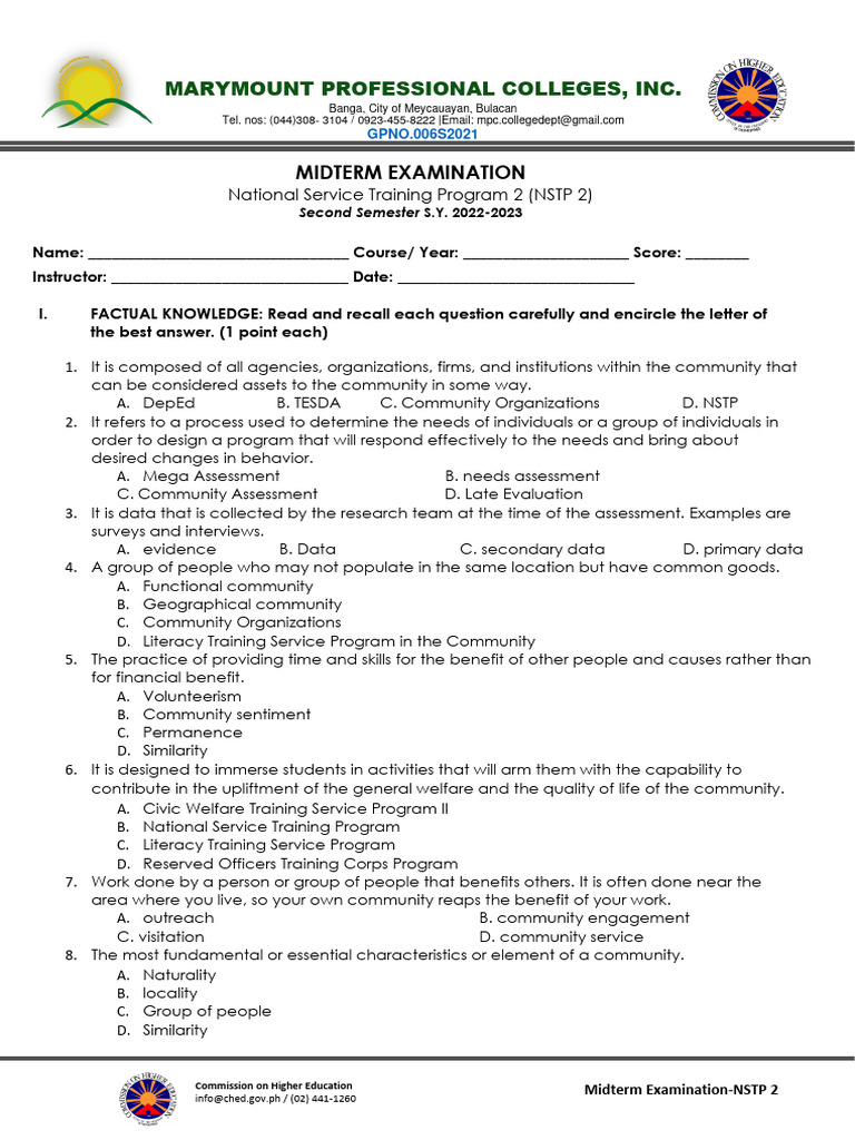 Midterm Examination NSTP 2 | Download Free PDF | Needs Assessment | Program Evaluation