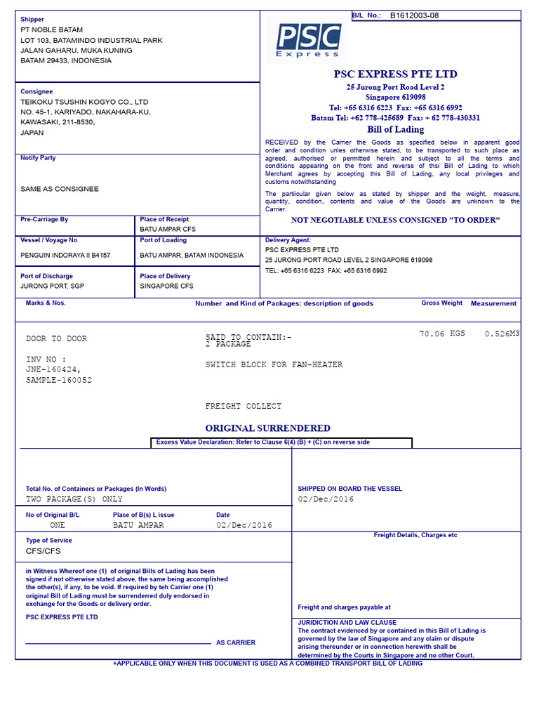 Bill of Lading for Batamindo Shipment | PDF