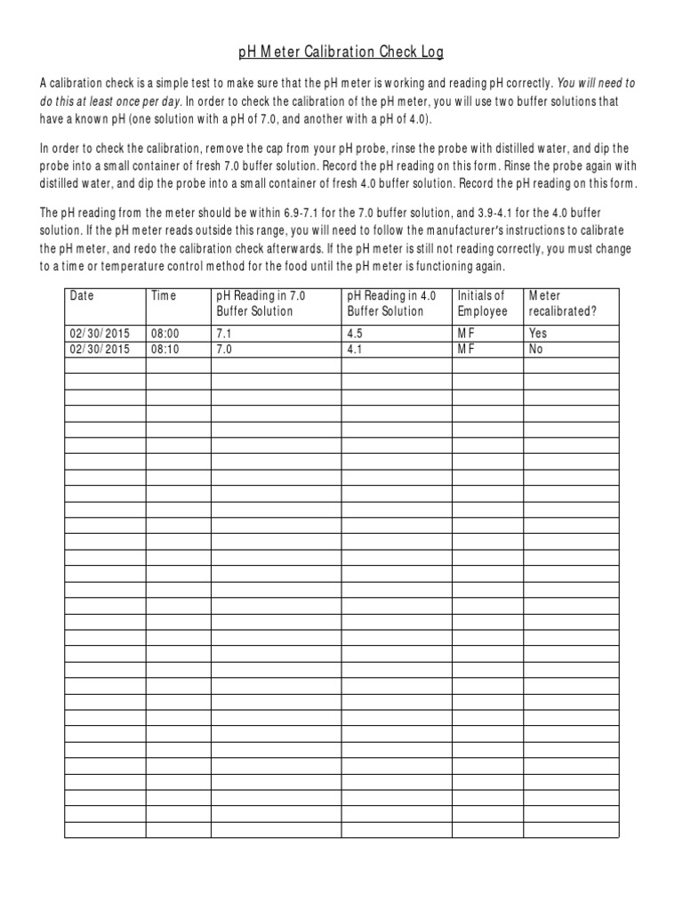 pH Meter Calibration Check Log | PDF