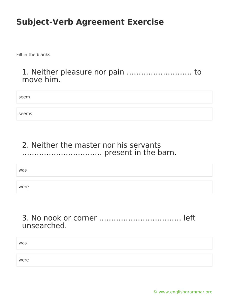 Subject-Verb Agreement Exercise | PDF | Language Arts & Discipline