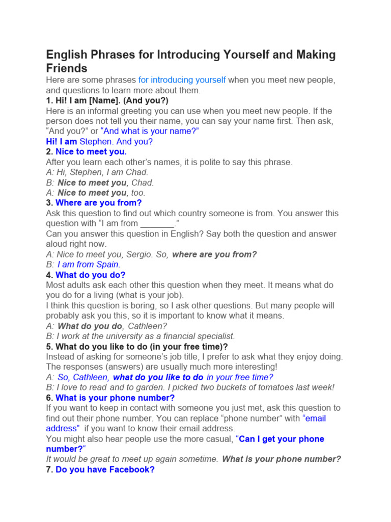 English Phrases For Introducing Yourself and Making Friends | Download ...