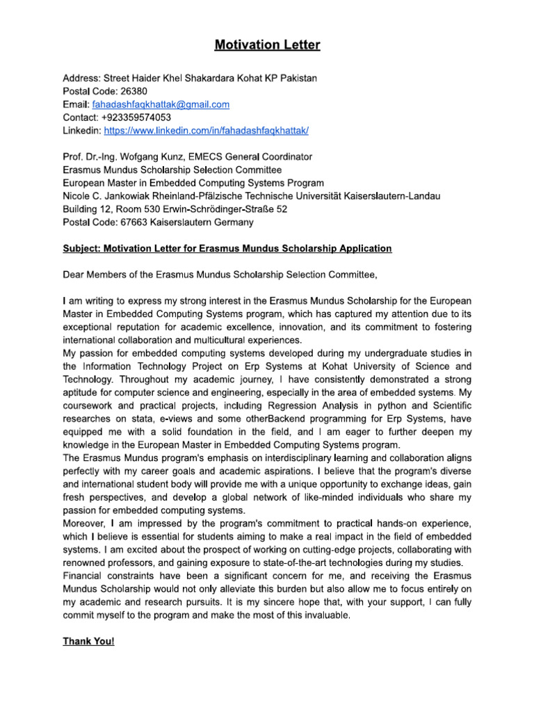 Fahad Motivation Letter | PDF