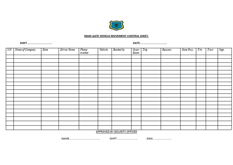 Main Gate Vehicle Movement Control Sheet | PDF