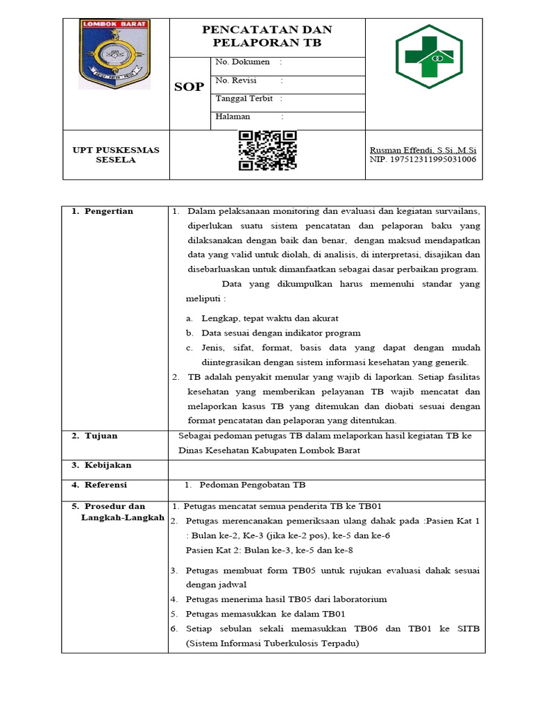 SOP Pencatatan Dan Pelaporan TB | PDF