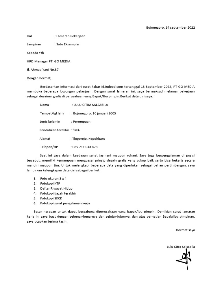 Lamaran Pekerjaan Dan CV Lulu Citra S-1 | PDF