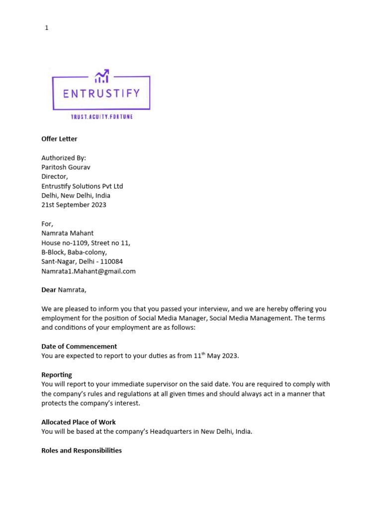 Offer Letter and CTC Breakup 1 | PDF | Employment | Salary