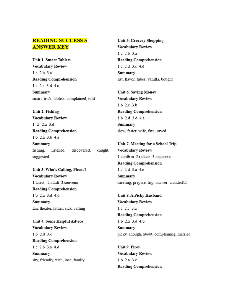 Reading Success 5 Answer Key | PDF