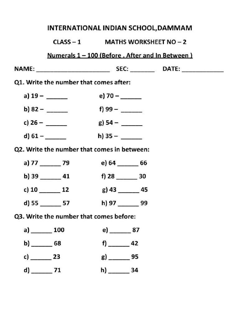 Class 1 Maths Worksheet 2 y 23 | PDF