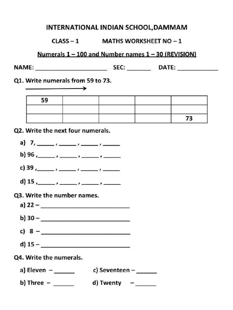 Class 1 Maths Worksheet 1 y 23 | PDF