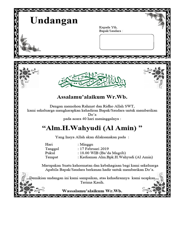 Contoh Surat Undangan Tahlil 40, 100, 1000 Hari (Haul) 3 | PDF