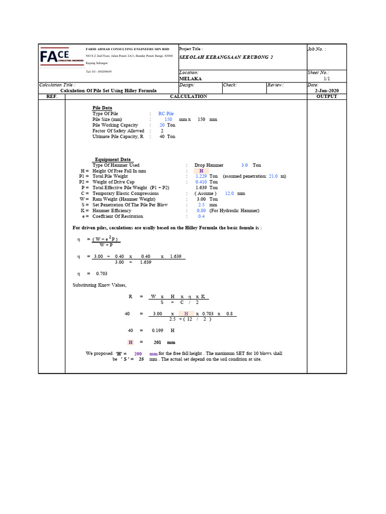 Hiley's Formula - RC Driven Pile SK KRUBONG Rev. 1 Update Date | PDF ...