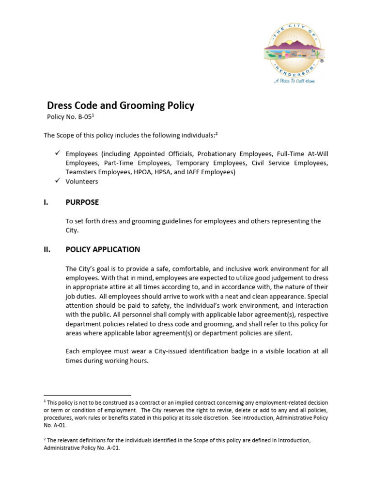 Dress Code and Grooming Policy: I. Purpose | PDF