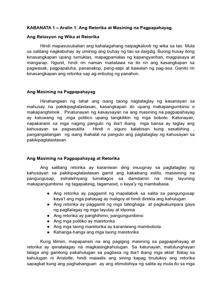 Ang Retorika at Masining Na Pagpapahayag | PDF
