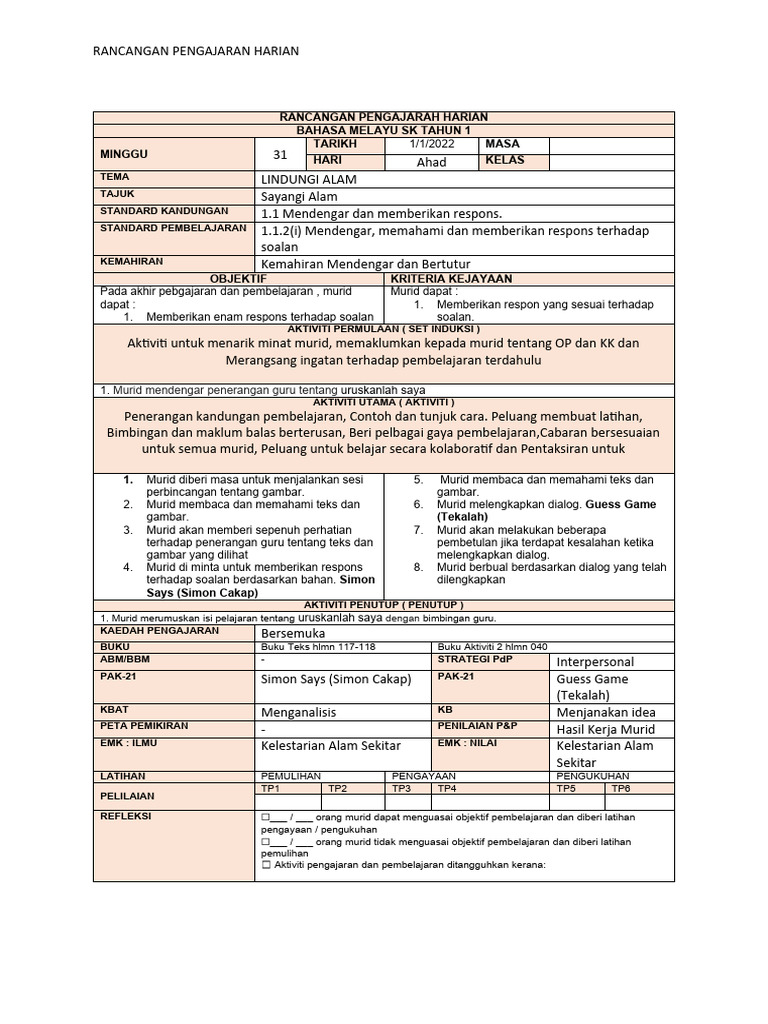 RPH Minggu 33 BM THN 1 | PDF