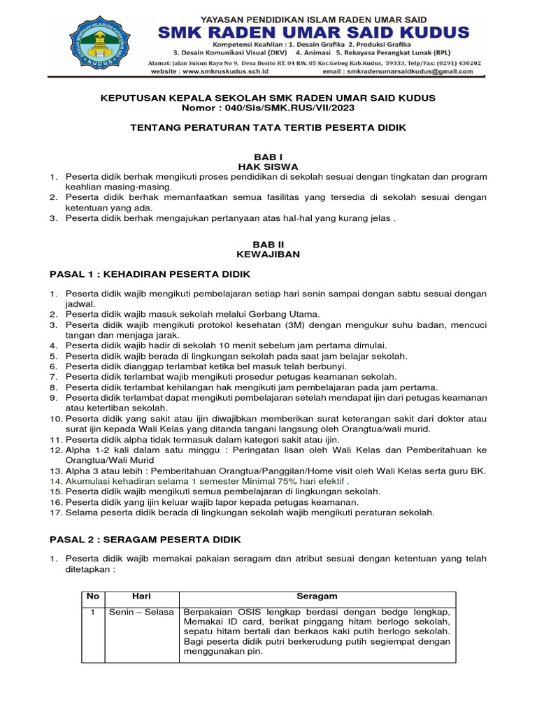 Tata Tertib SMK Rus - Mpls 2023 | PDF
