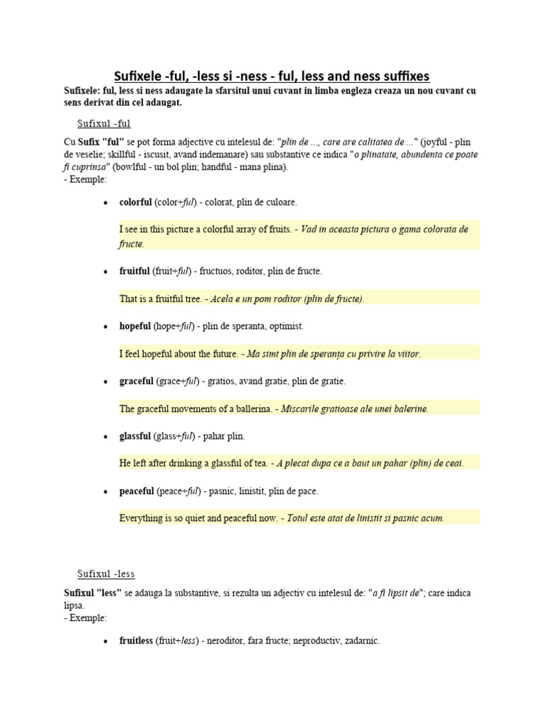 Sufixele - Ful, - Less Si - Ness - Ful, Less and Ness Suffixes | PDF