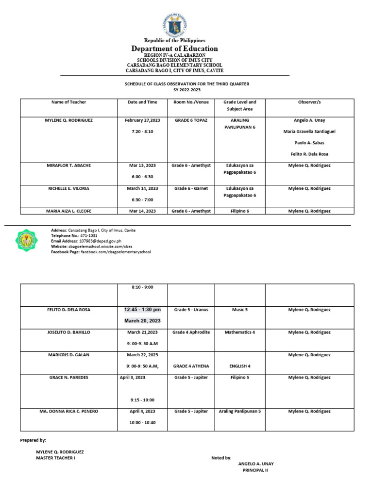 Class Observation Schedule SY 2022-2023 | PDF