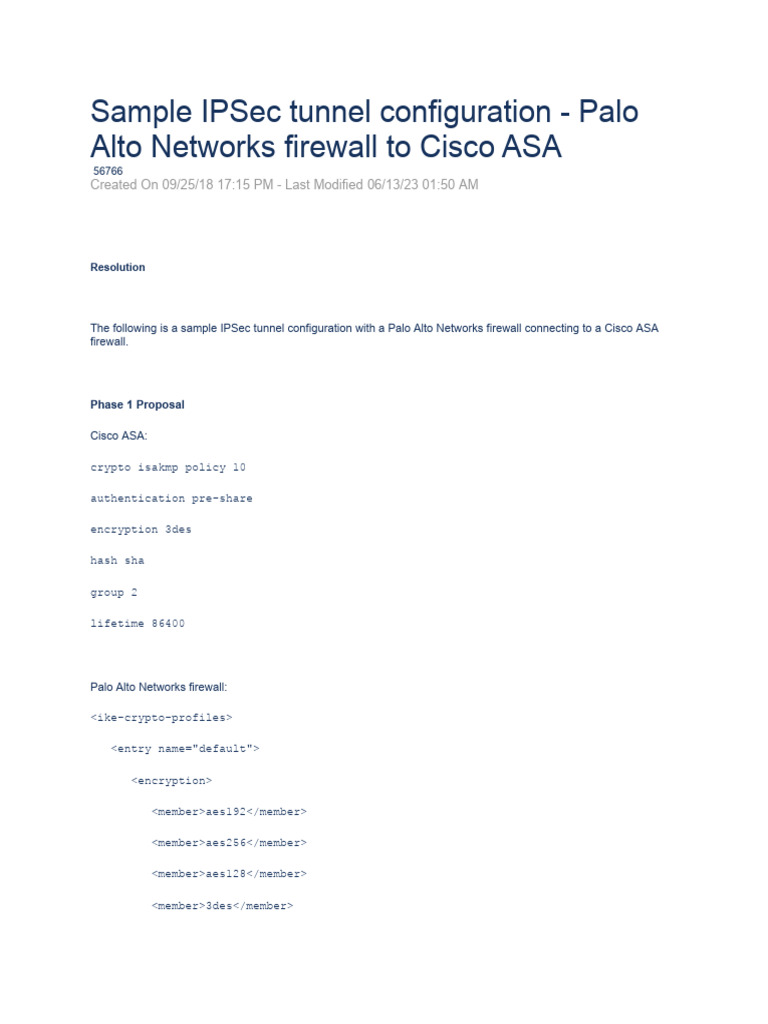 IPSec Tunnel Config: Palo Alto to Cisco ASA | PDF | Network Protocols ...