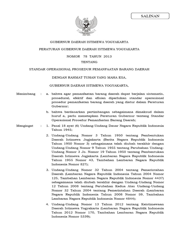 Pergub DIY No.78 Tahun 2013 TTG Standar Operasional Prosedur Pemanfaatan Barang Daerah | PDF
