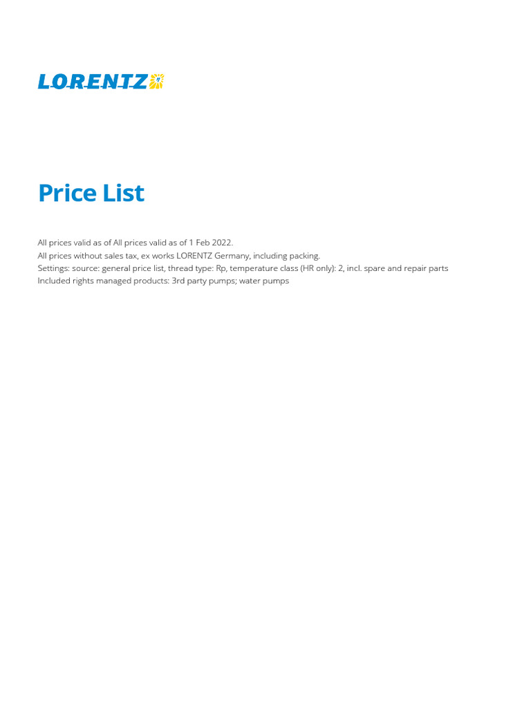 Lorentz Price List 2022 | PDF | Pump | Mechanical Engineering