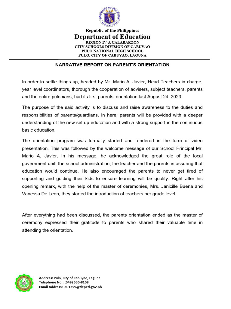 Pulo National High School Orientation Report | PDF