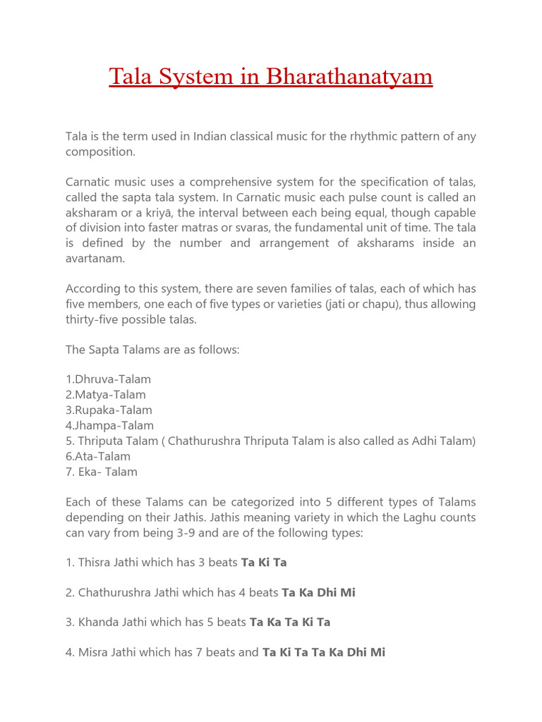 Tala System in Bharathanatyam | PDF | Musical Notation | Music Theory