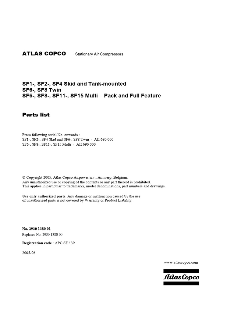 Atlas Copco: SF1-, SF2-, SF4 Skid and Tank-Mounted SF6-, SF8 Twin SF6 ...