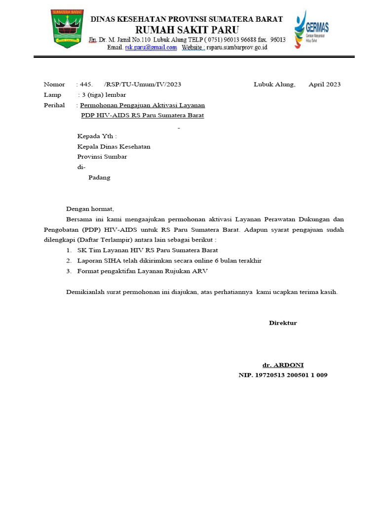 Surat Pengantar Aktivasi PDP RSP | PDF