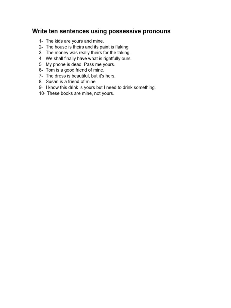Write Ten Sentences Using Possessive Pronouns | PDF