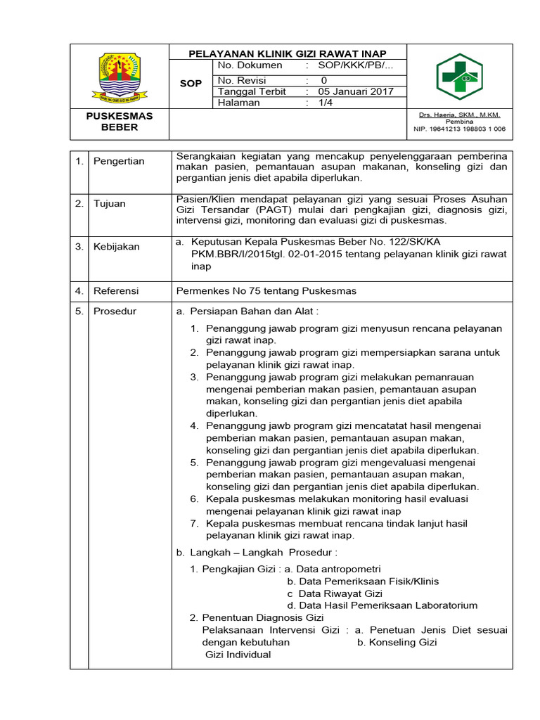 Sop Pelayanan Klinik Gizi Rawat Inap | PDF