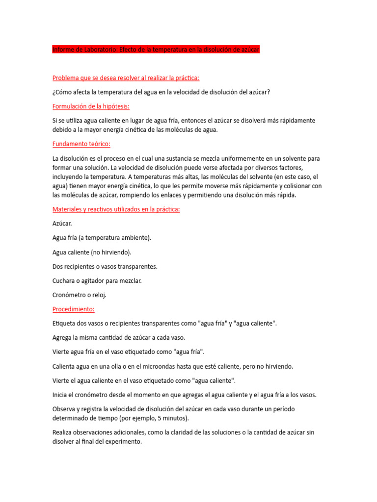 Experimento Del Azucar | PDF | Agua | Temperatura
