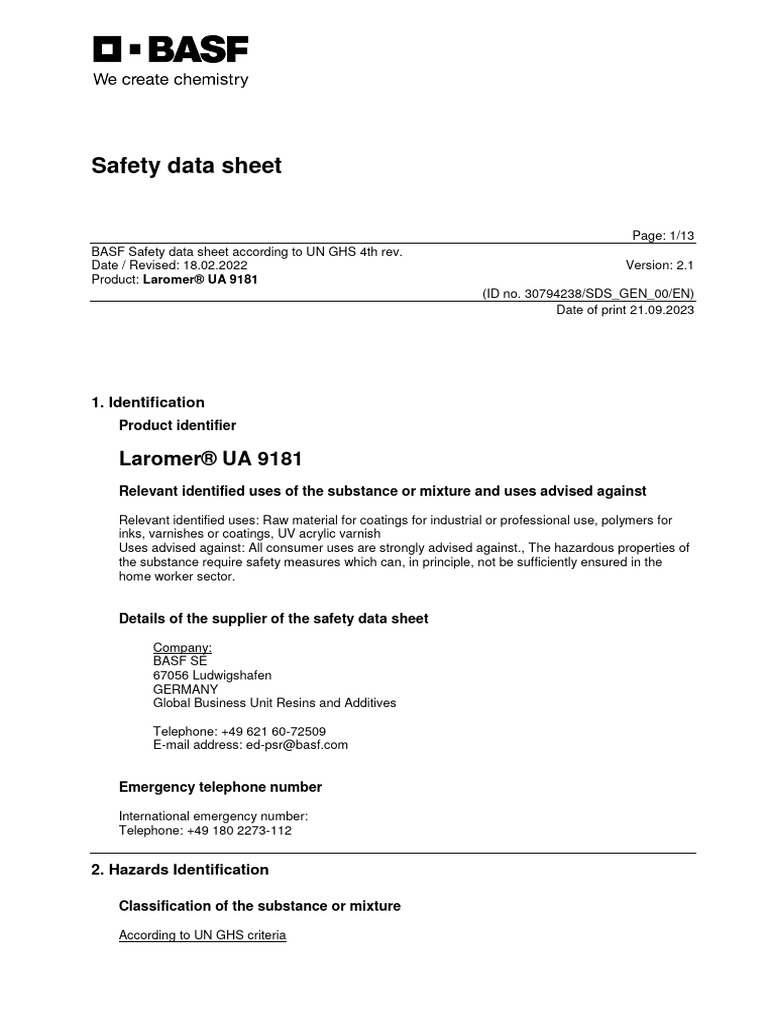 Laromer+UA+9181 000000000030794238 SDS GEN 00 en 2-1 | PDF | Dangerous Goods | Toxicity