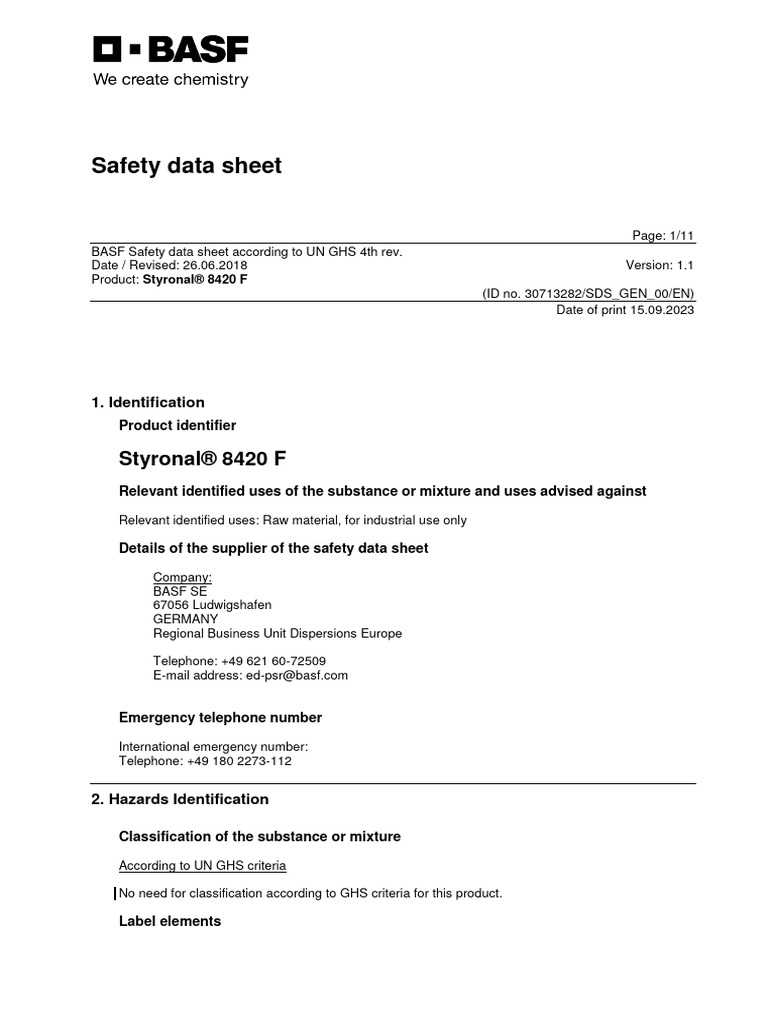 Styronal+8420+F 000000000030713282 SDS GEN 00 en 1-0 | PDF | Dangerous ...