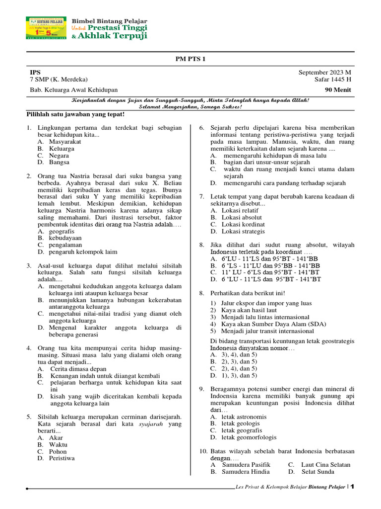 Soal IPS Kelas 7: Keluarga Awal Kehidupan | PDF | Ilmu Sosial