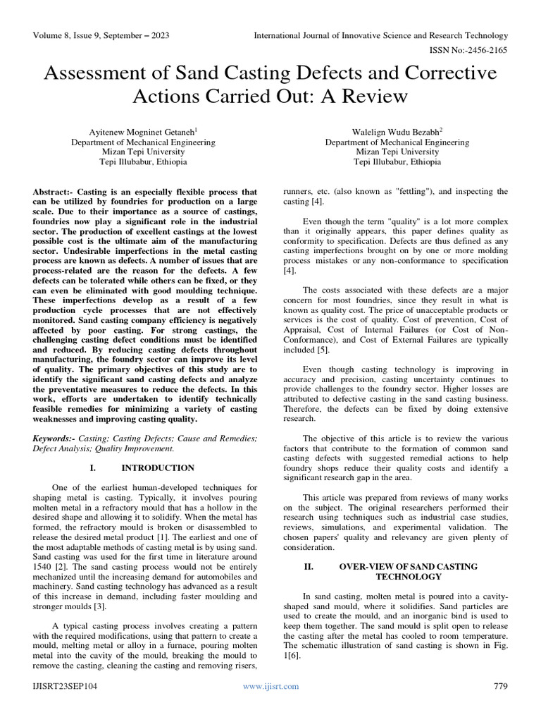 Assessment of Sand Casting Defects and Corrective Actions Carried Out ...
