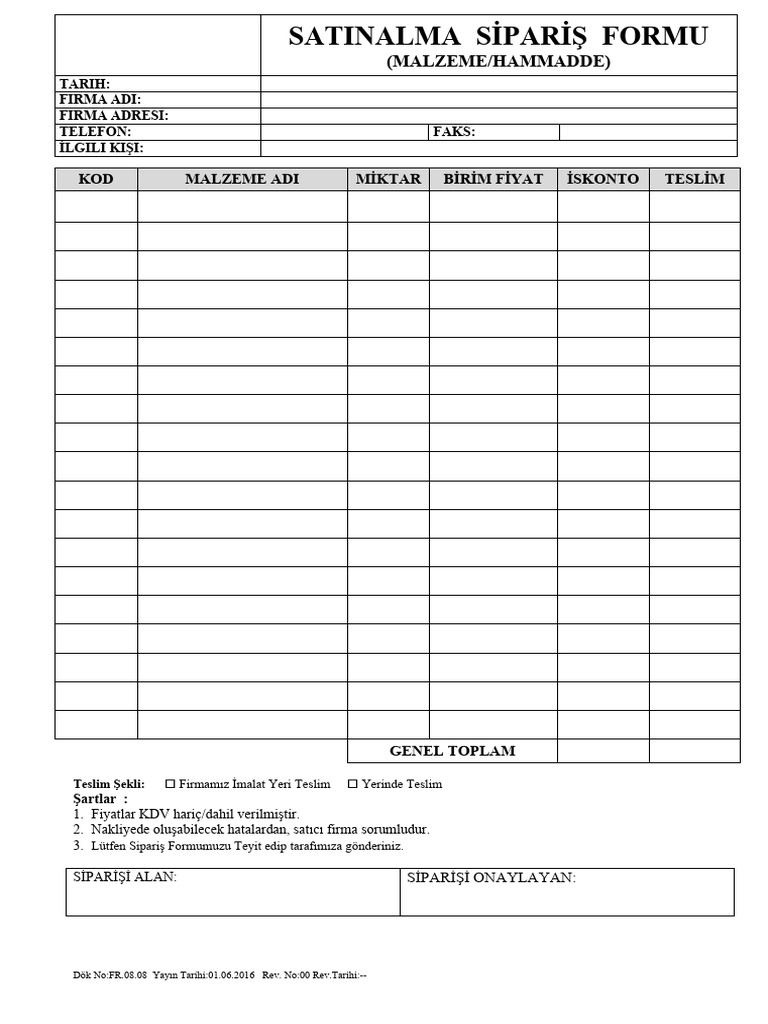 Fr.08.08 Satinalma Siparis Formu Hammadde | PDF