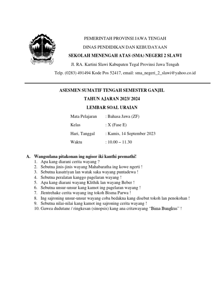 Soal Asts Bahasa Jawa X.1-X.9 | PDF