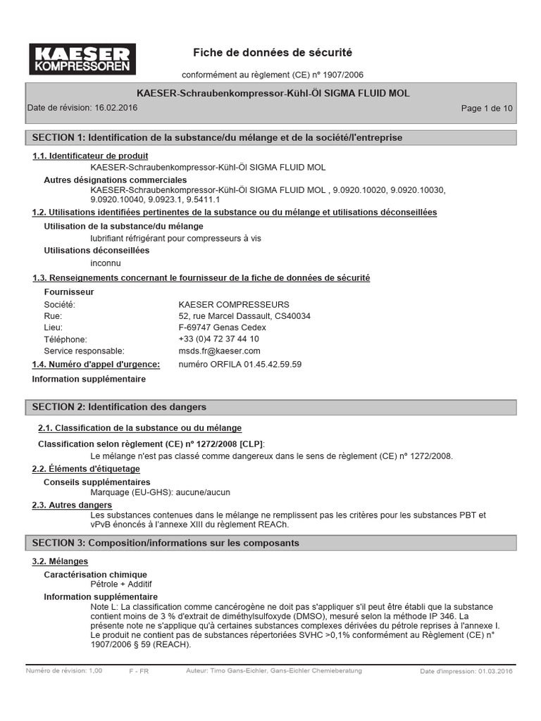 Fiche de sécurité SIGMA FLUID MOL | PDF | Déchets | Gestion des déchets