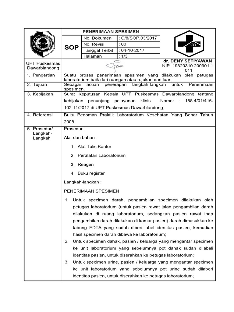 Sop Penerimaan Spesimen Laboratorium | PDF