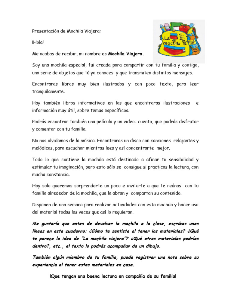 Mochila Viajera: Lectura en Familia | PDF