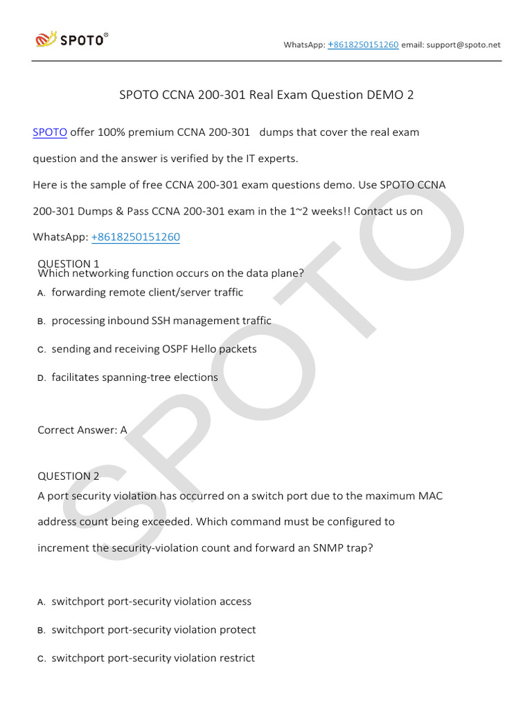Spoto Ccna 200-301 Real Exam Question Demo 2 | PDF | Computer Network | Port (Computer Networking)