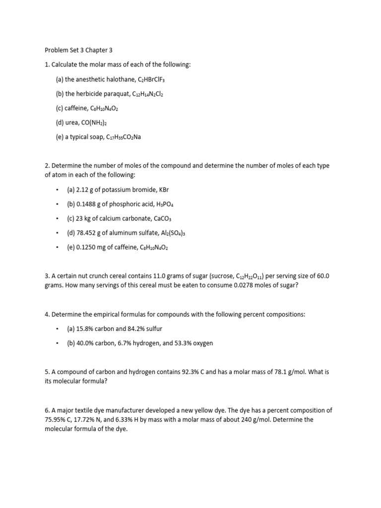 ProbSet 3 Chap 3 | PDF | Mole (Unit) | Chemical Substances